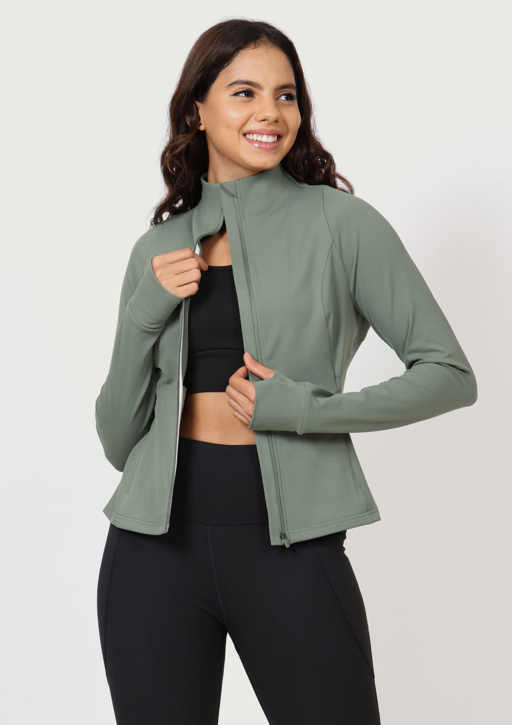 Full Sleeves Polyester Jacket with High Neckline and Pockets